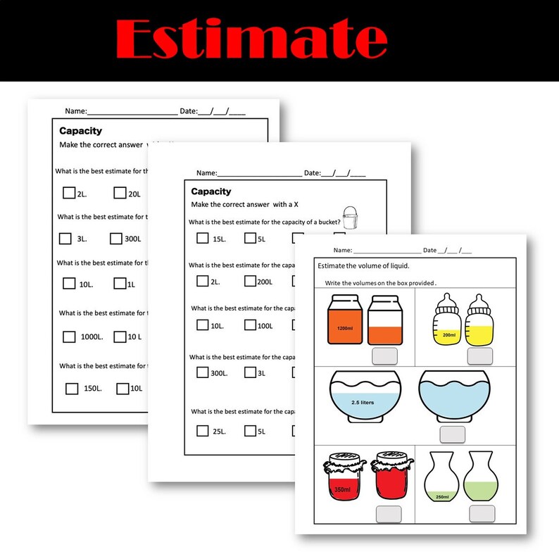 Math Standard Measurement Capacity Volume Worksheets No Prep First ...