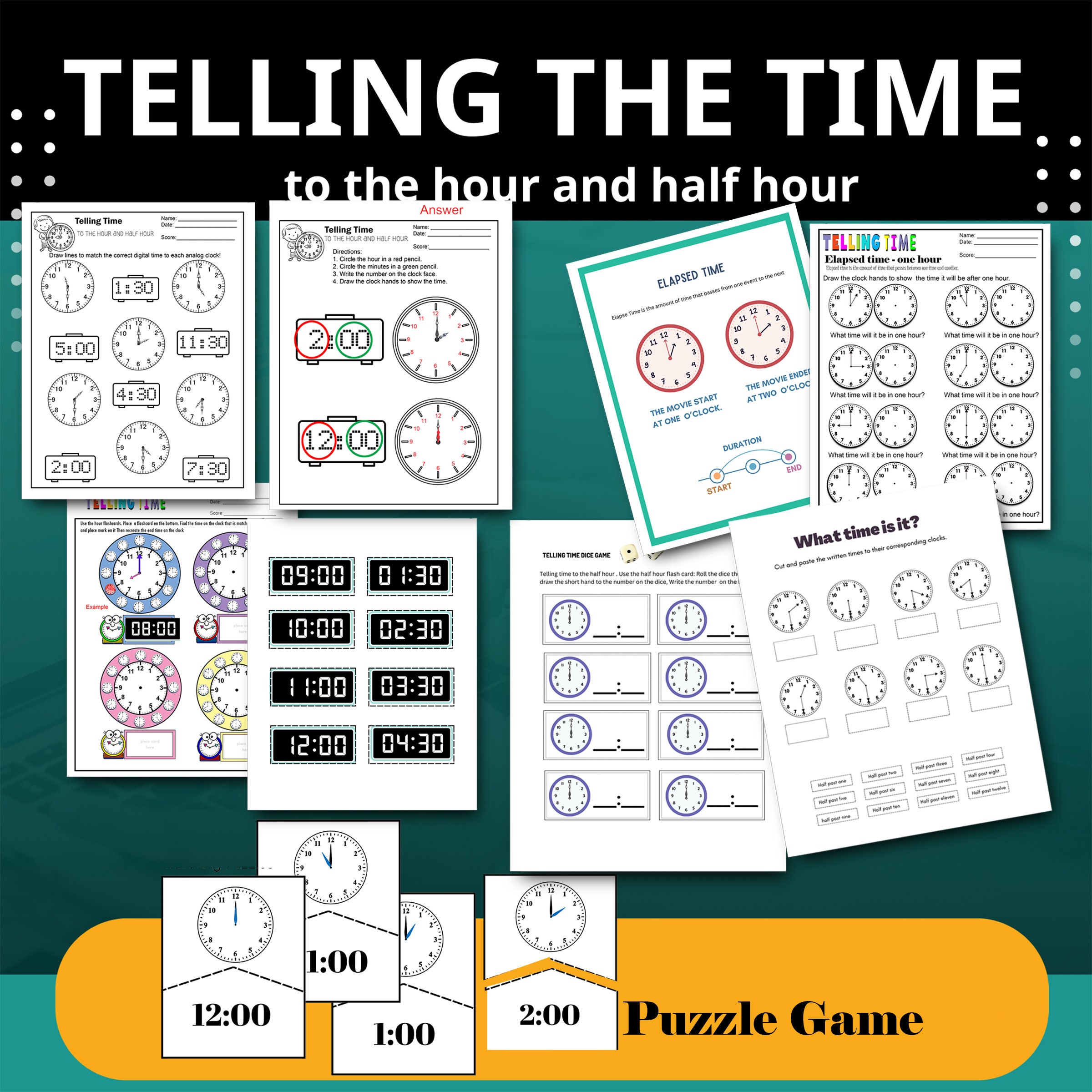 Telling Time Worksheets, Activity Game Digital Flashcards Printable ...