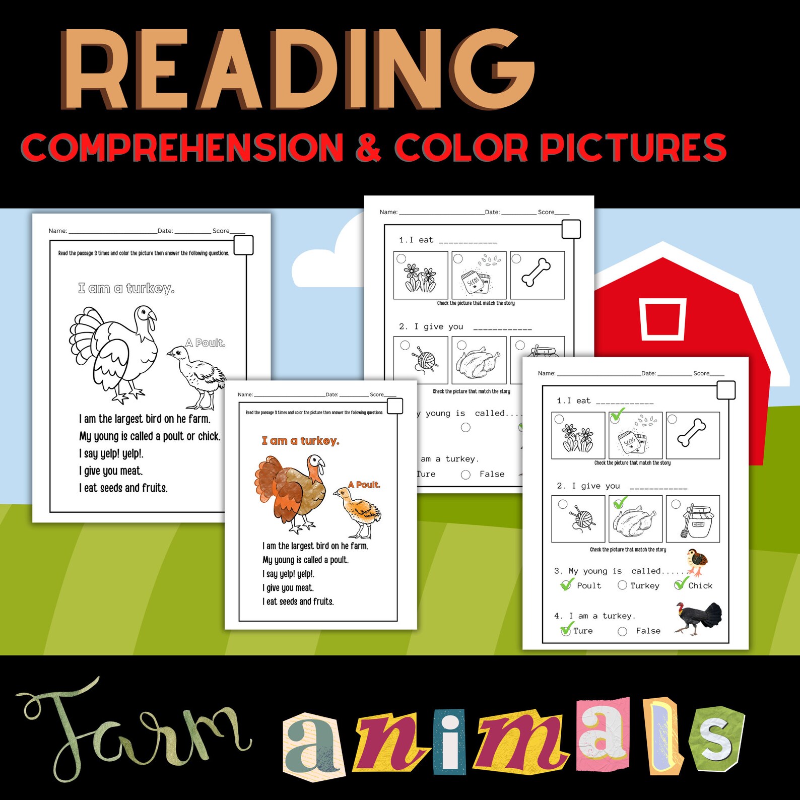 Reading Comprehension Passages Farm Animals Themes First Grade Activity ...