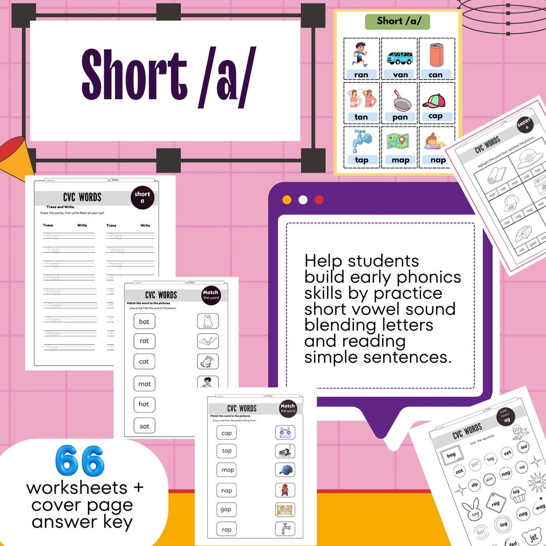 CVC Short a Vowel Word Sound Flashcards Worksheets Activities Bingo ...