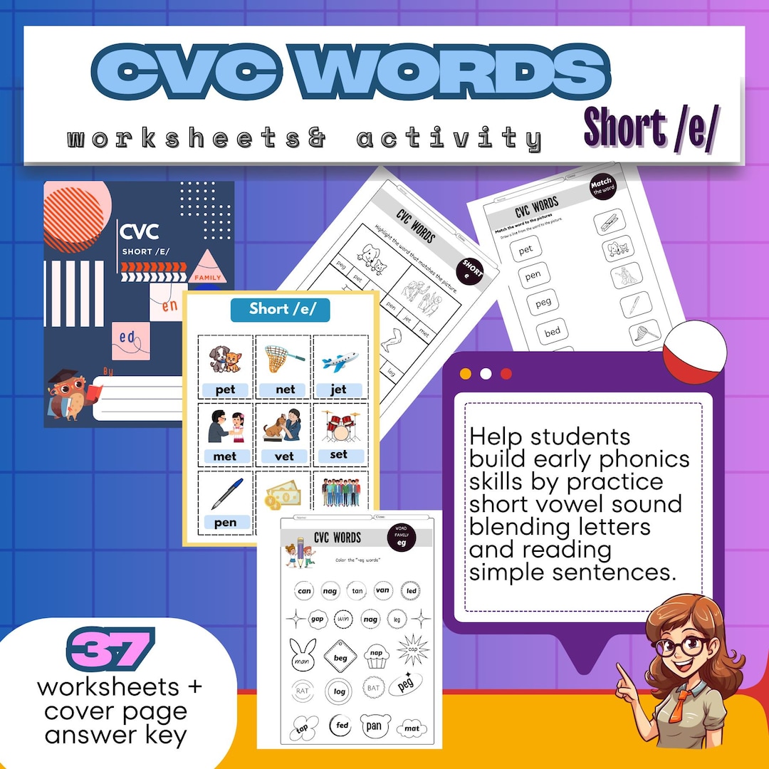 CVC Short E Vowel Phonic Worksheets Reading Writing Spelling Practice ...