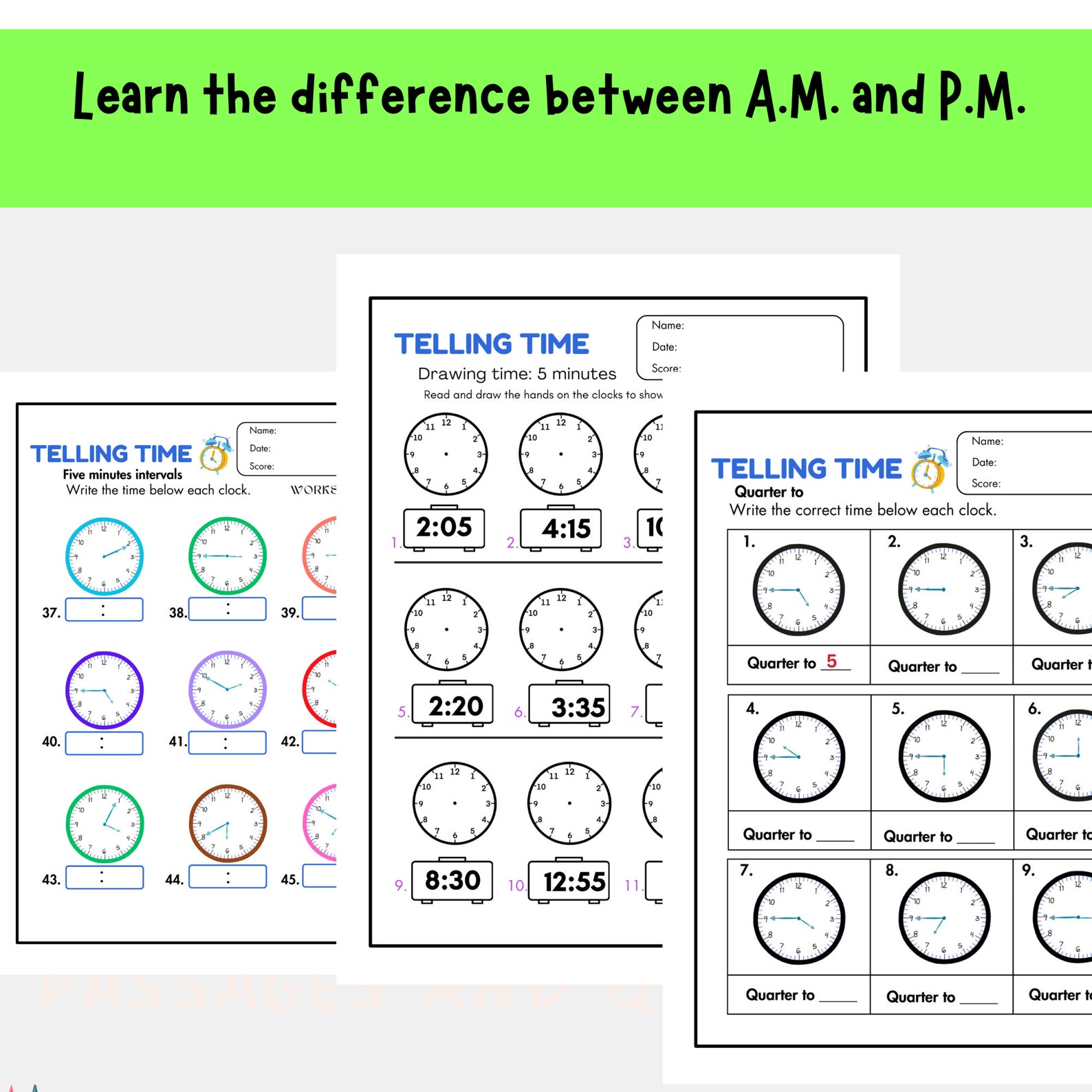 Telling Time to Five Minutes 15 Minutes Intervals Telling Time in Word ...