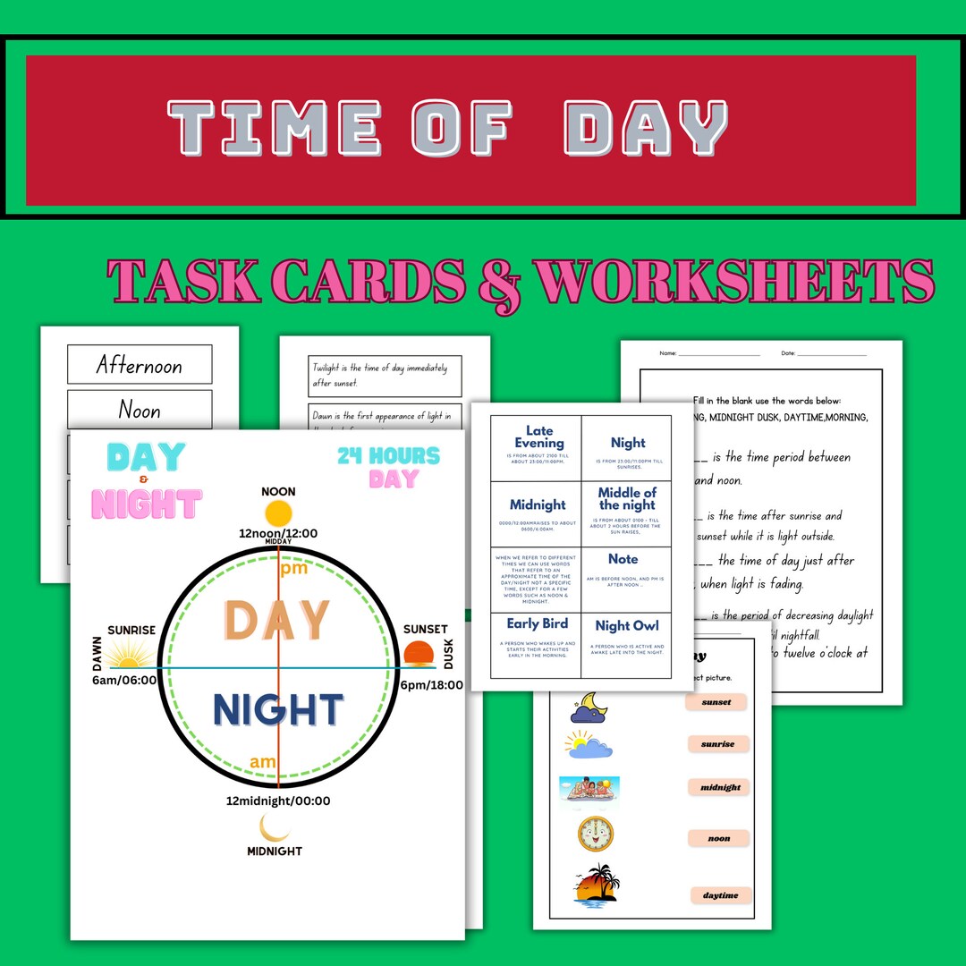 Time of Day 24 Hours English Vocabulary Task Cards Worksheets for Young ...