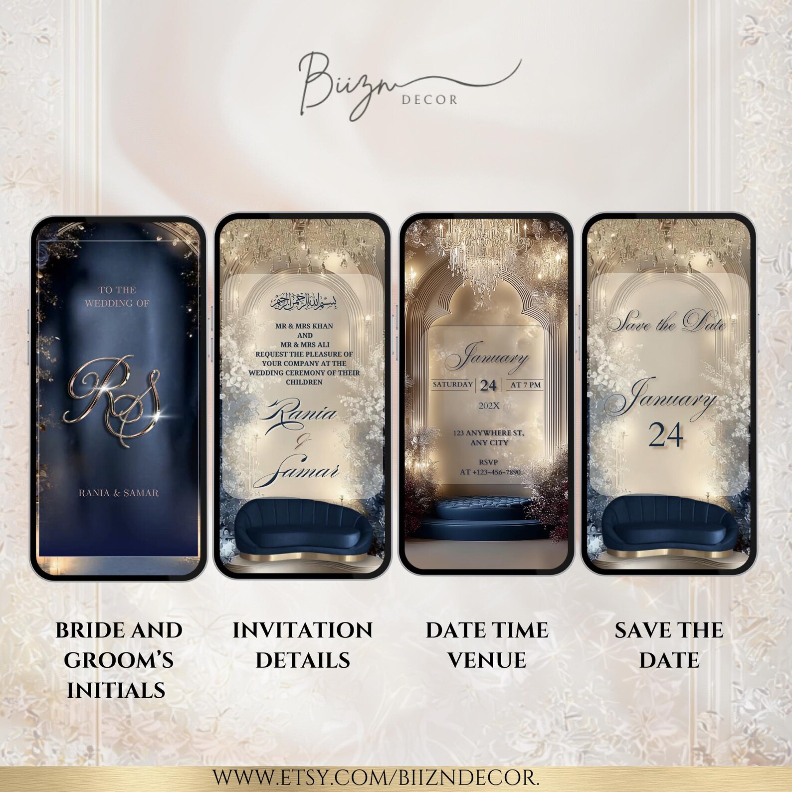 Navy Blue & Gold Muslim Wedding Video Invitation MP4 With Couple Logo ...