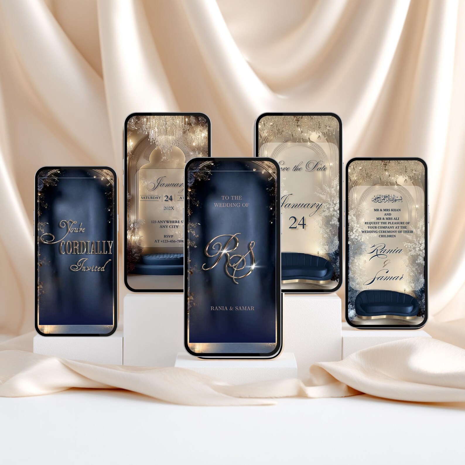 Navy Blue & Gold Muslim Wedding Video Invitation MP4 With Couple Logo ...
