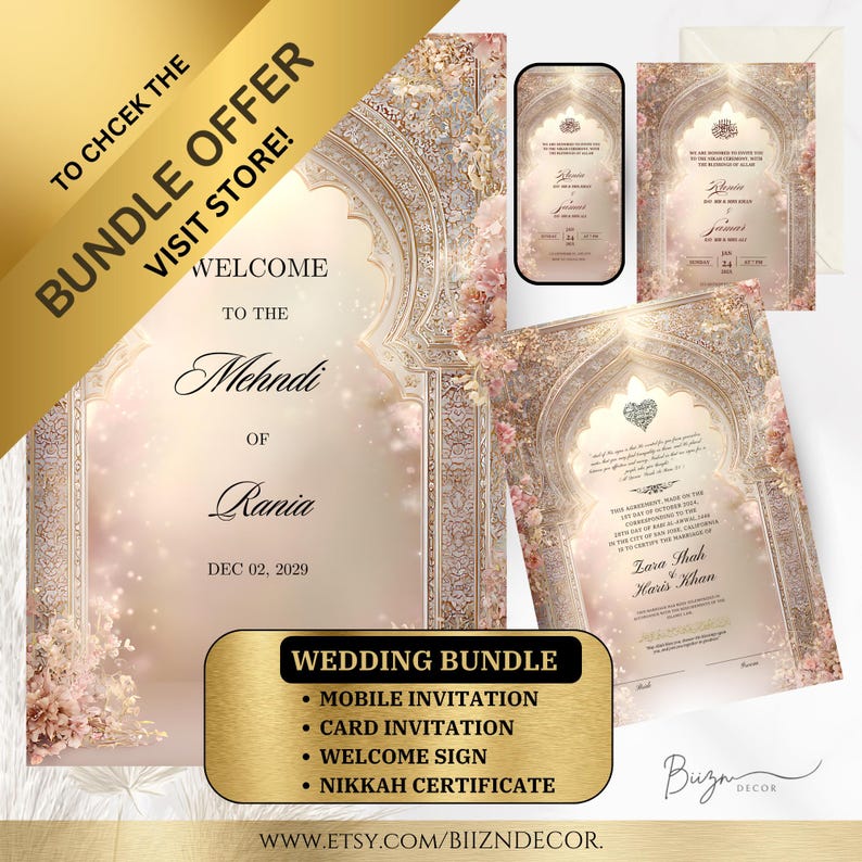 Elegant Islamic Wedding Invitation Template: Editable Mobile & 5x7 Card ...