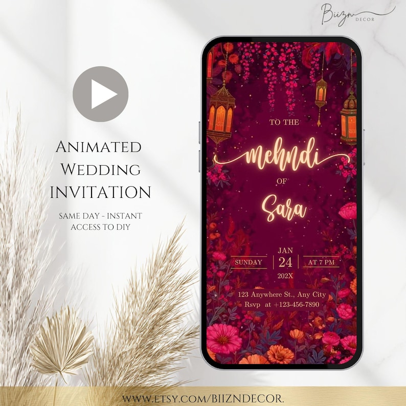 Maroon Animated Mehndi Video Invitation – Editable Digital Walima ...