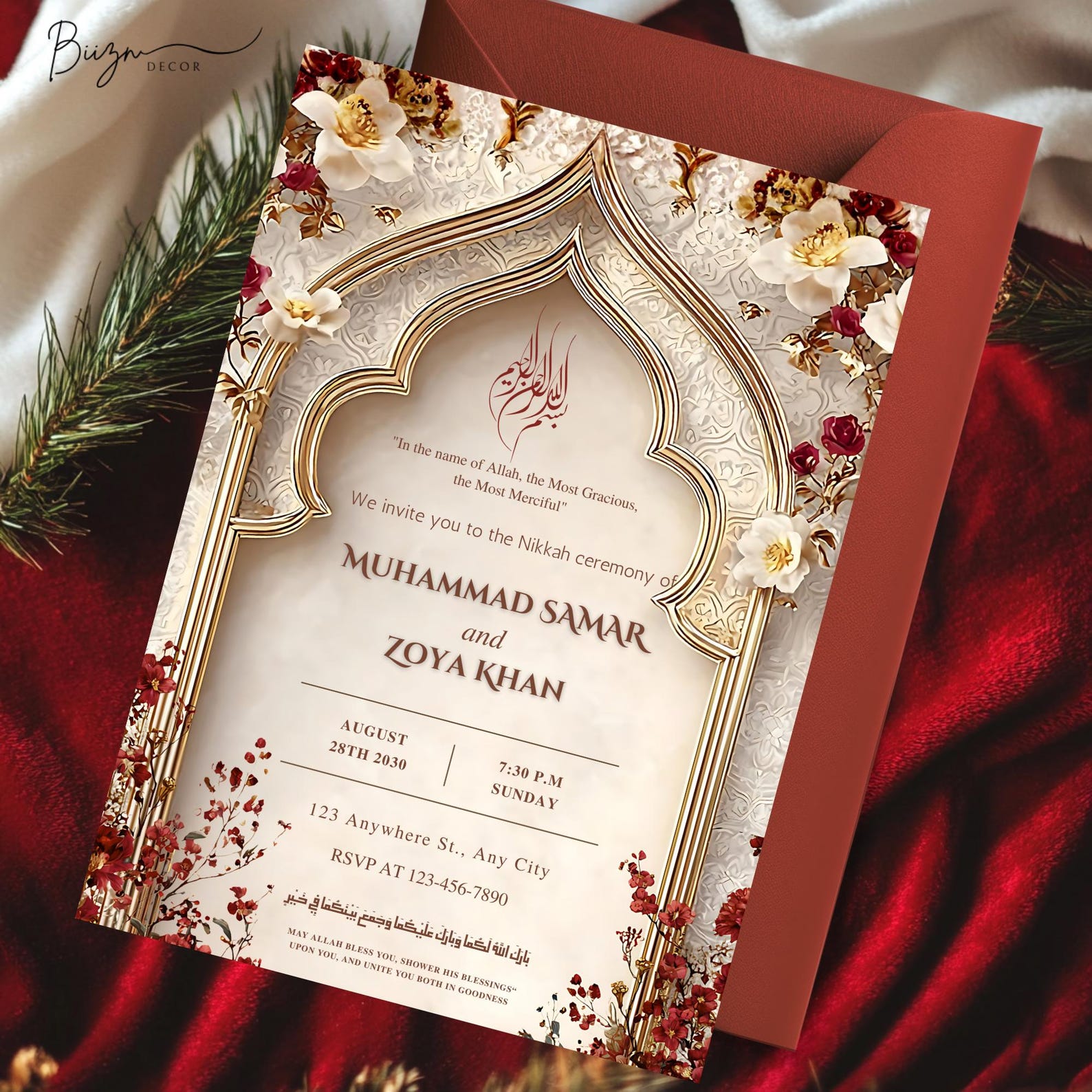 Elegant Islamic Wedding Invitation Card: Golden and Red Floral Arabic ...