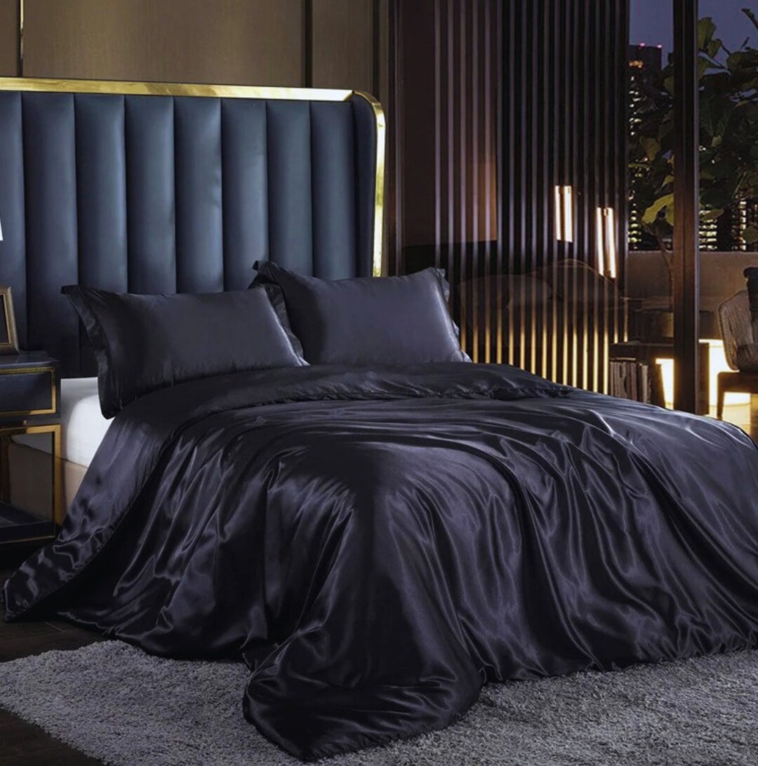 Solid Mulberry Silk Bedding Set With Duvet Cover Bed Sheet Pillowcases Luxury Satin Single ...