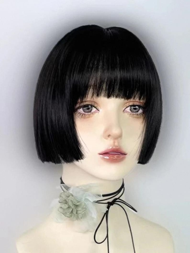 Black Short Bob Wig With Bangs - Smooth Doll One Cut Synthetic Wig for ...