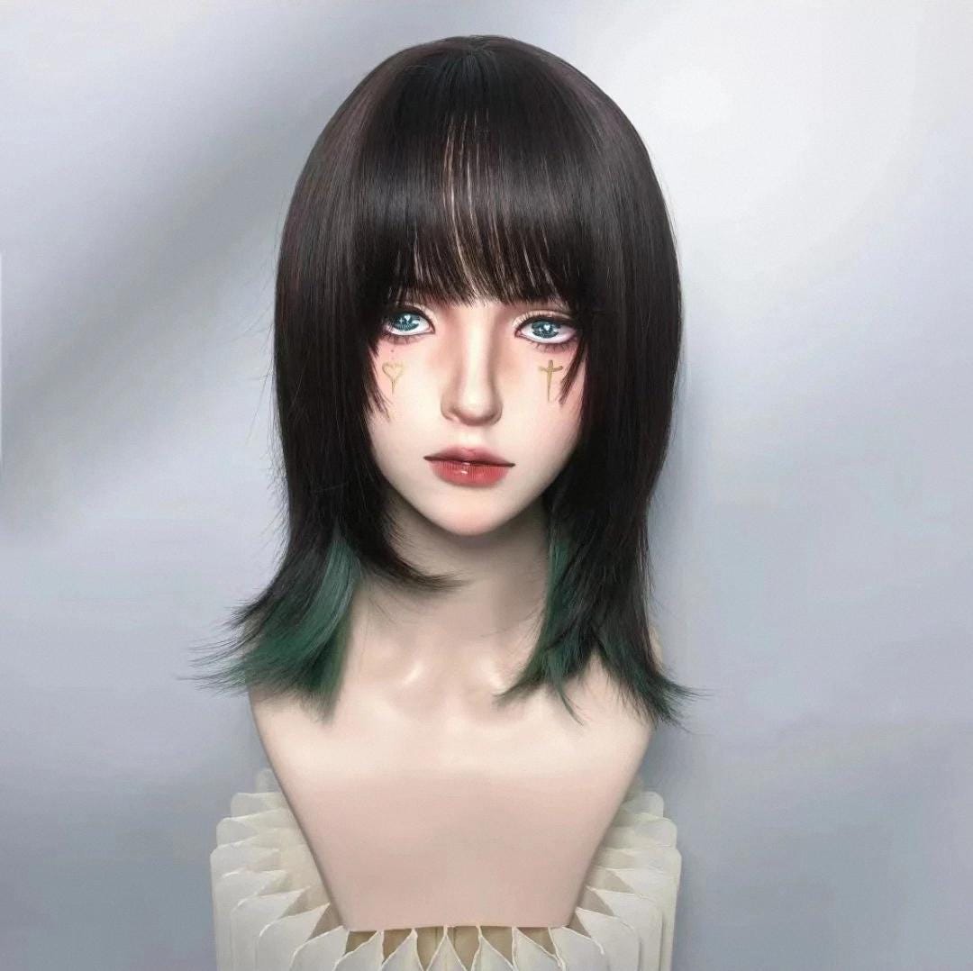Black and Green Mixed Color Short Wigs for Men and Women Straight ...
