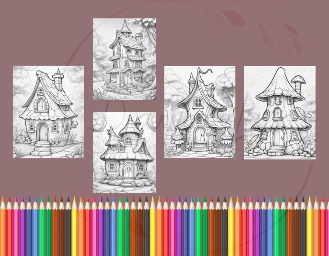 5 Fantasy Fairy Houses Coloring Pages for Kids and Adults Fantasy ...