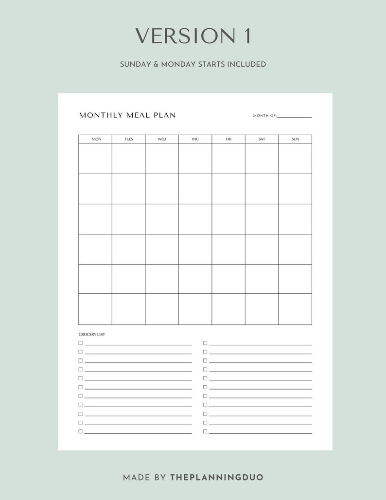 Monthly Meal Plan Calendar With Grocery List and Notes, Printable ...