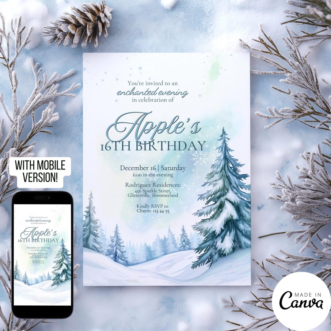 Northern Lights Birthday Invitation Template, Winter Wonderland Digital ...