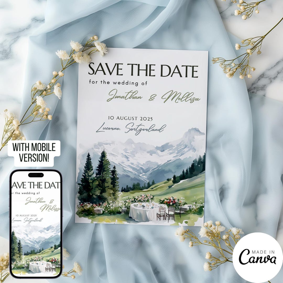 Swiss Alps Save the Date Template, Hand Drawn Destination Wedding ...