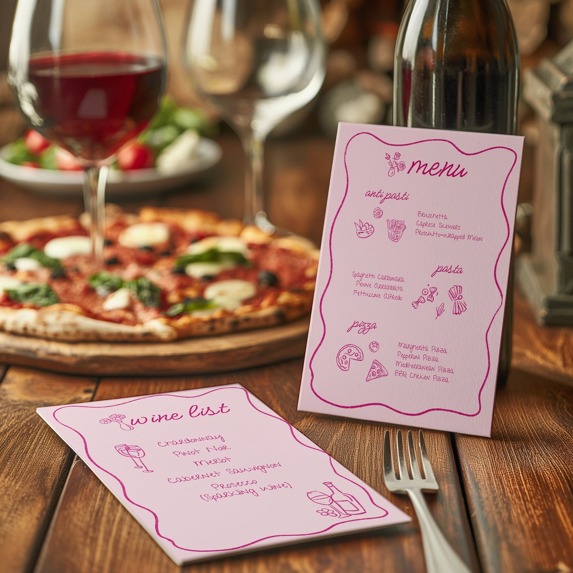 Pizza and Wine Menu Card Template, Italian Themed Birthday Dinner Menu ...