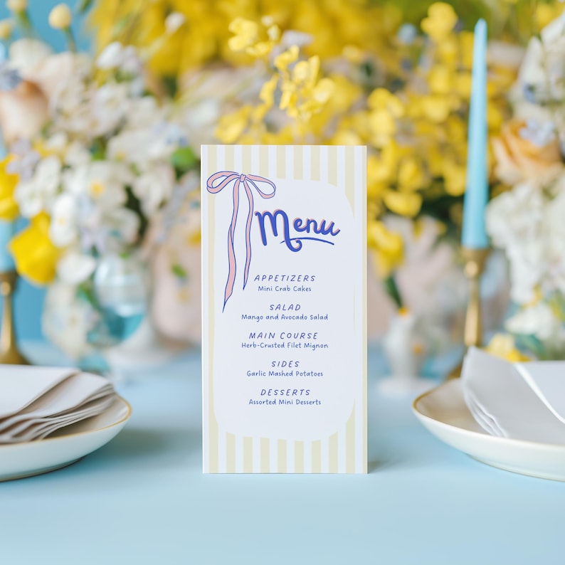 Coquette Birthday Menu Card Template, Ribbon Bow Wedding Brunch Menu ...