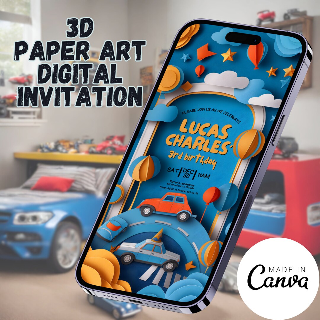 Birthday Party Invitation Template, Car Themed Electronic Invite for ...