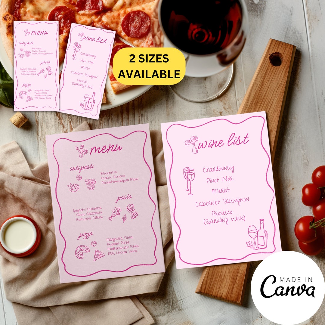 Pizza and Wine Menu Card Template, Italian Themed Birthday Dinner Menu ...