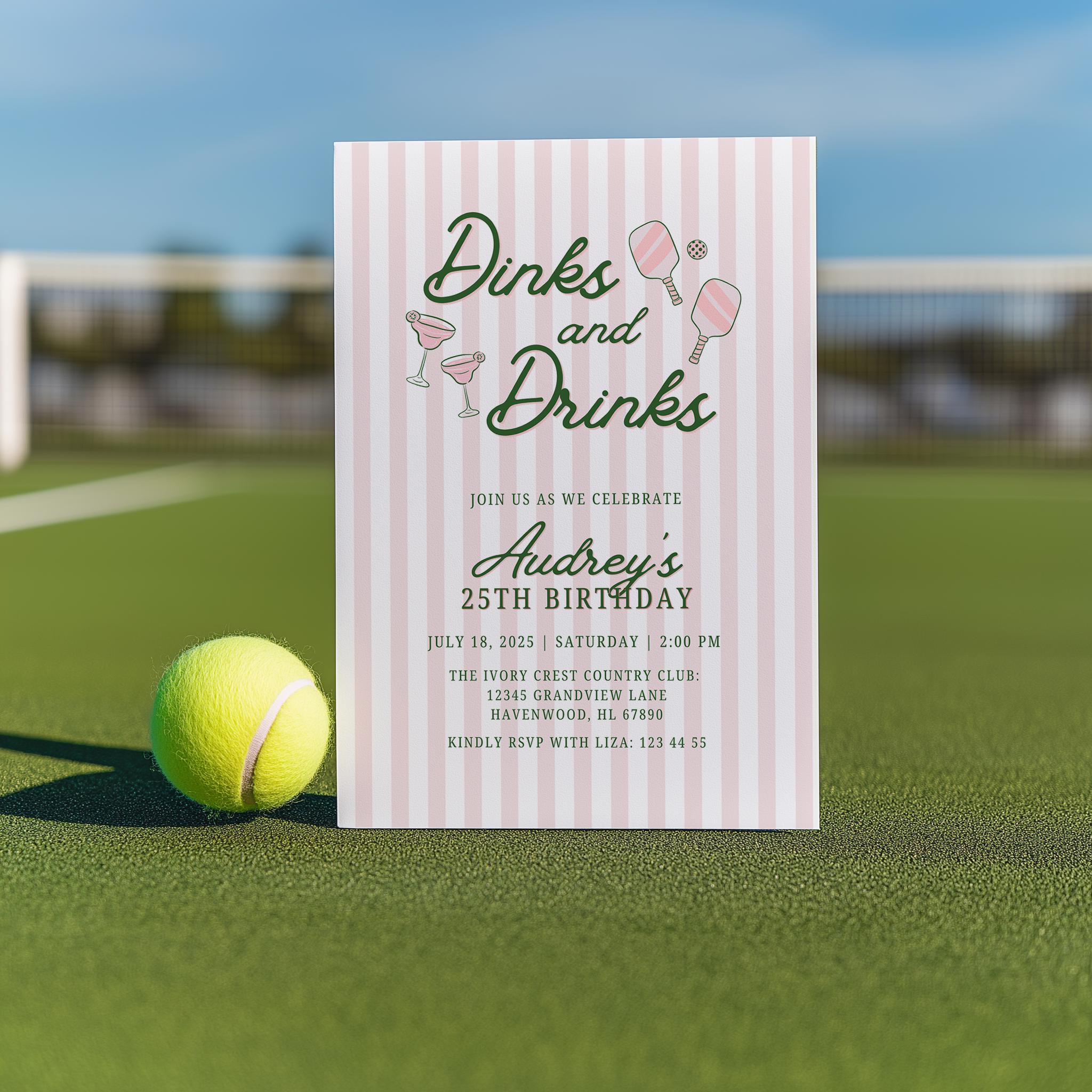 Dinks and Drinks Birthday Invitation Template, Pickleball Themed ...