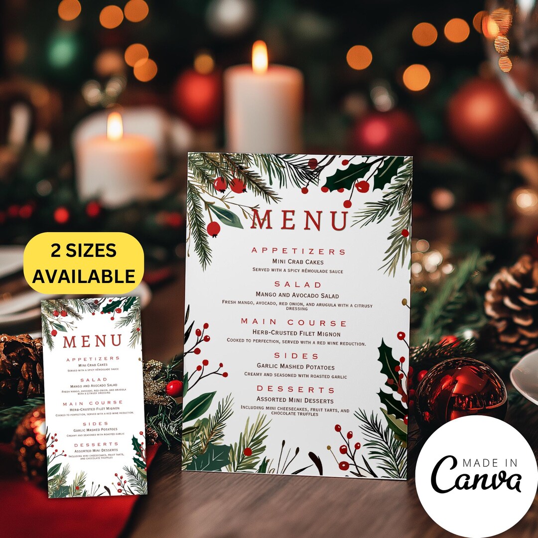 Christmas Menu Card Template, Holiday Dinner Menu Letter, Winter ...