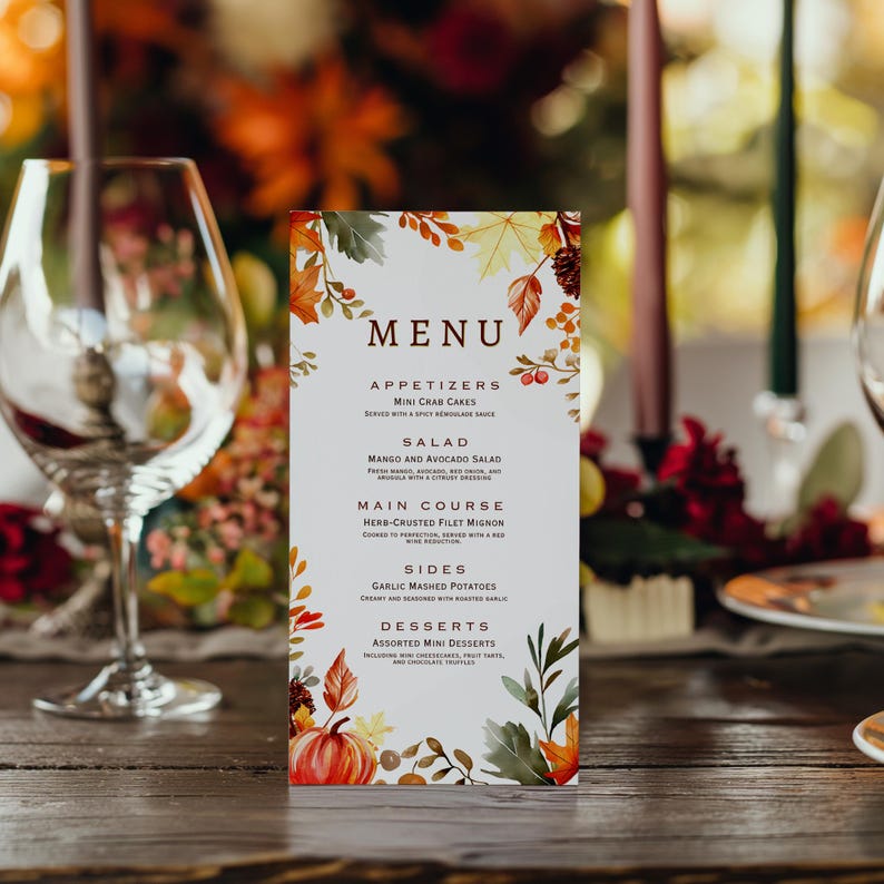 Autumn Wedding Menu Card Template, Thanksgiving Dinner Menu Letter ...