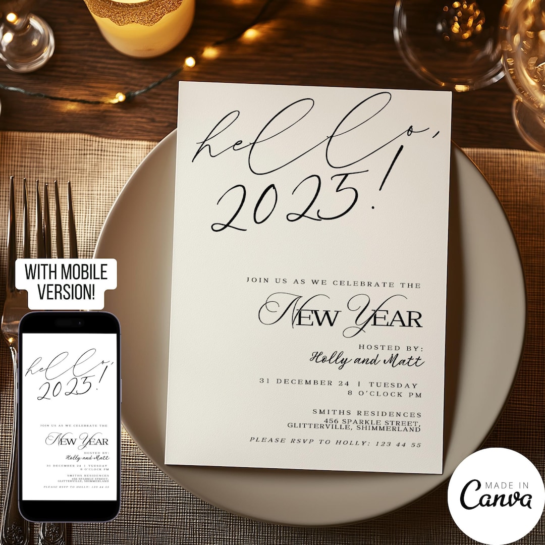 New Year's Eve Dinner Party Invitation Template, Minimalist Holiday ...