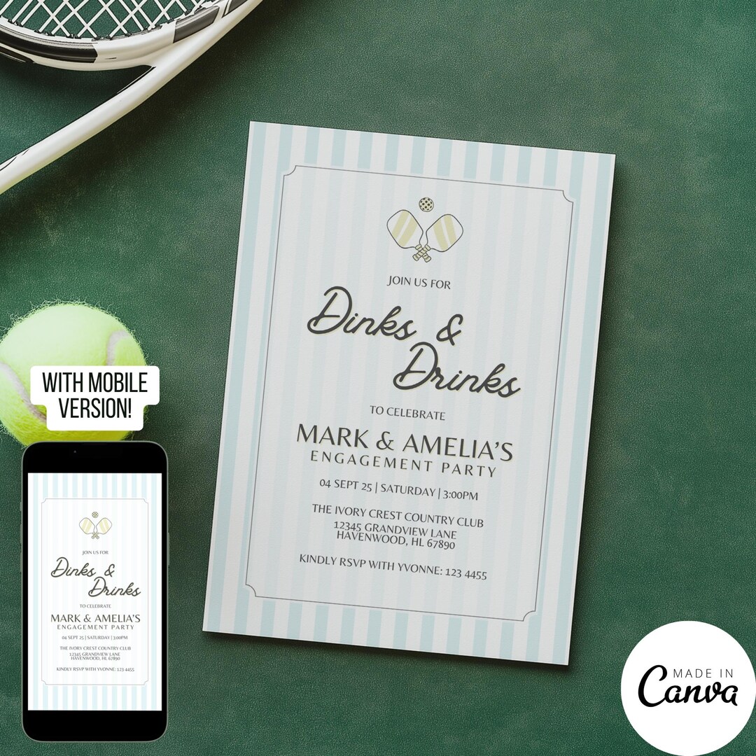 Pickleball Themed Engagement Party Invitation Template, Country Club ...