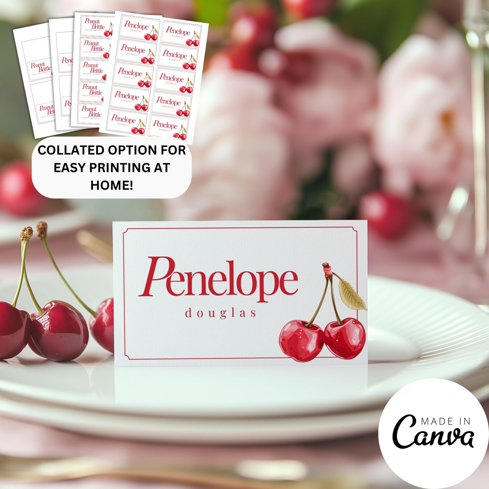 Cherry on Top Name Card Template,retro Coquette Place Setting ...