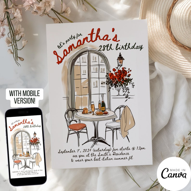 Birthday Brunch Invitation Template, Hand Drawn French Style 40th ...