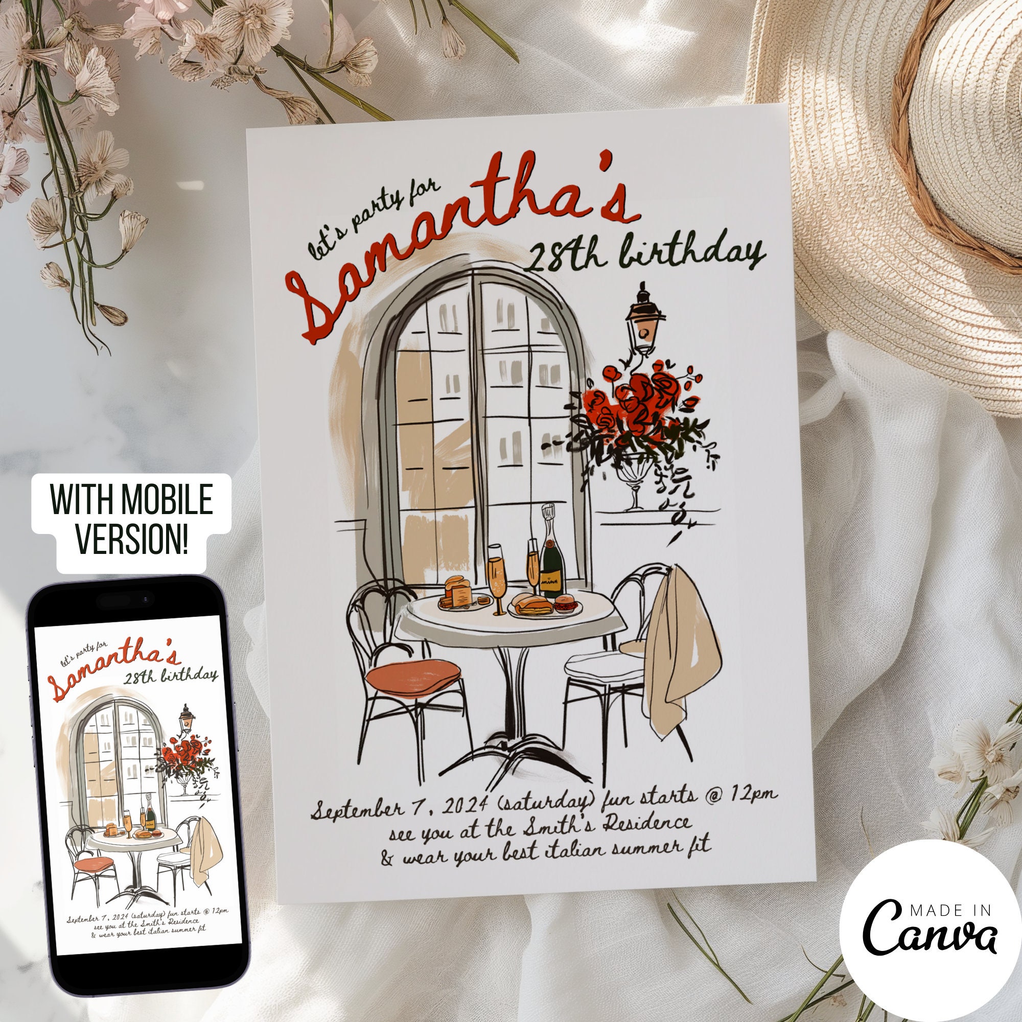 Birthday Brunch Invitation Template, Hand Drawn French Style 40th ...