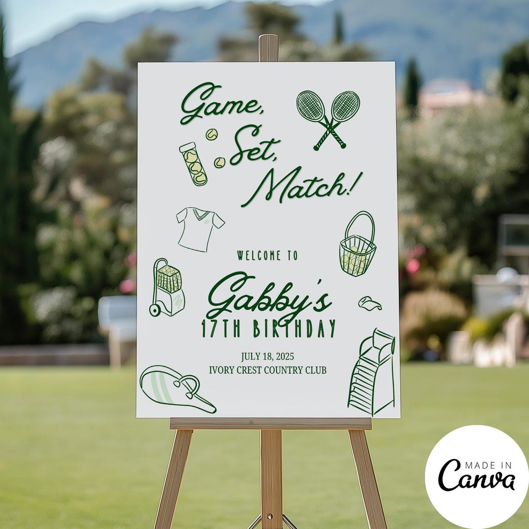 Tennis Themed Welcome Sign Template, Hand Drawn Country Club Birthday ...