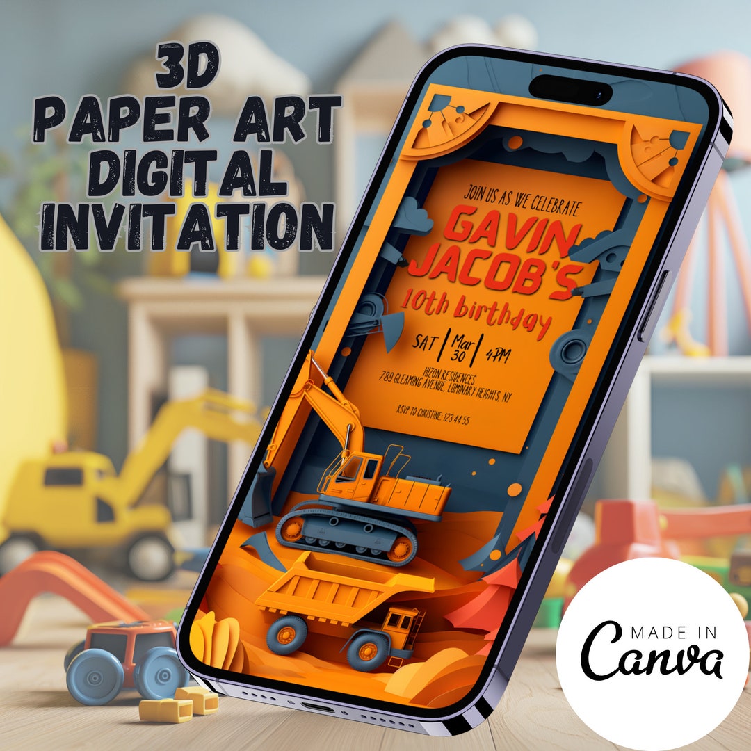 Birthday Party Invitation Template, Construction Themed Electronic ...