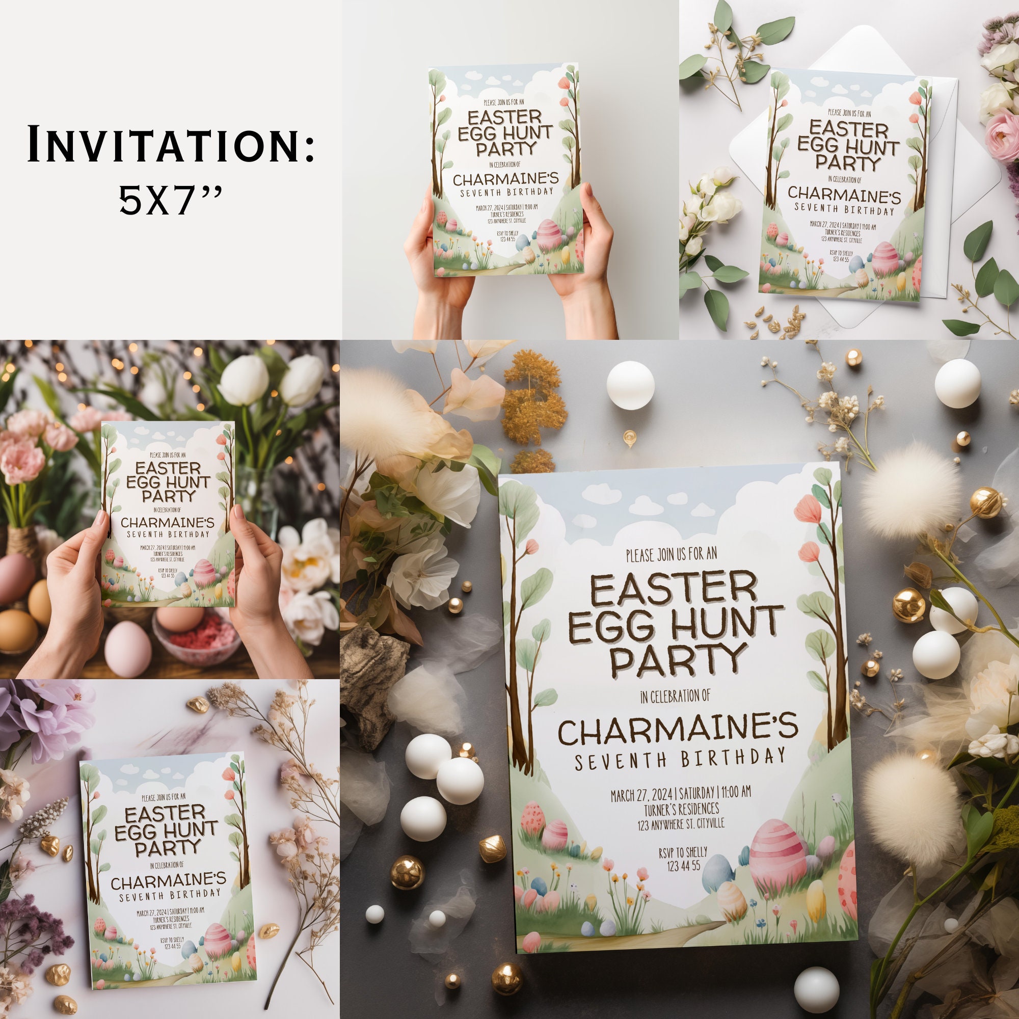 Easter Egg Hunt Party Template Bundle, Birthday Brunch Invitation, Name ...