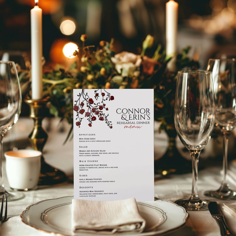 Rehearsal Dinner Menu Card Template, Romantic Pre Wedding Menu Letter ...
