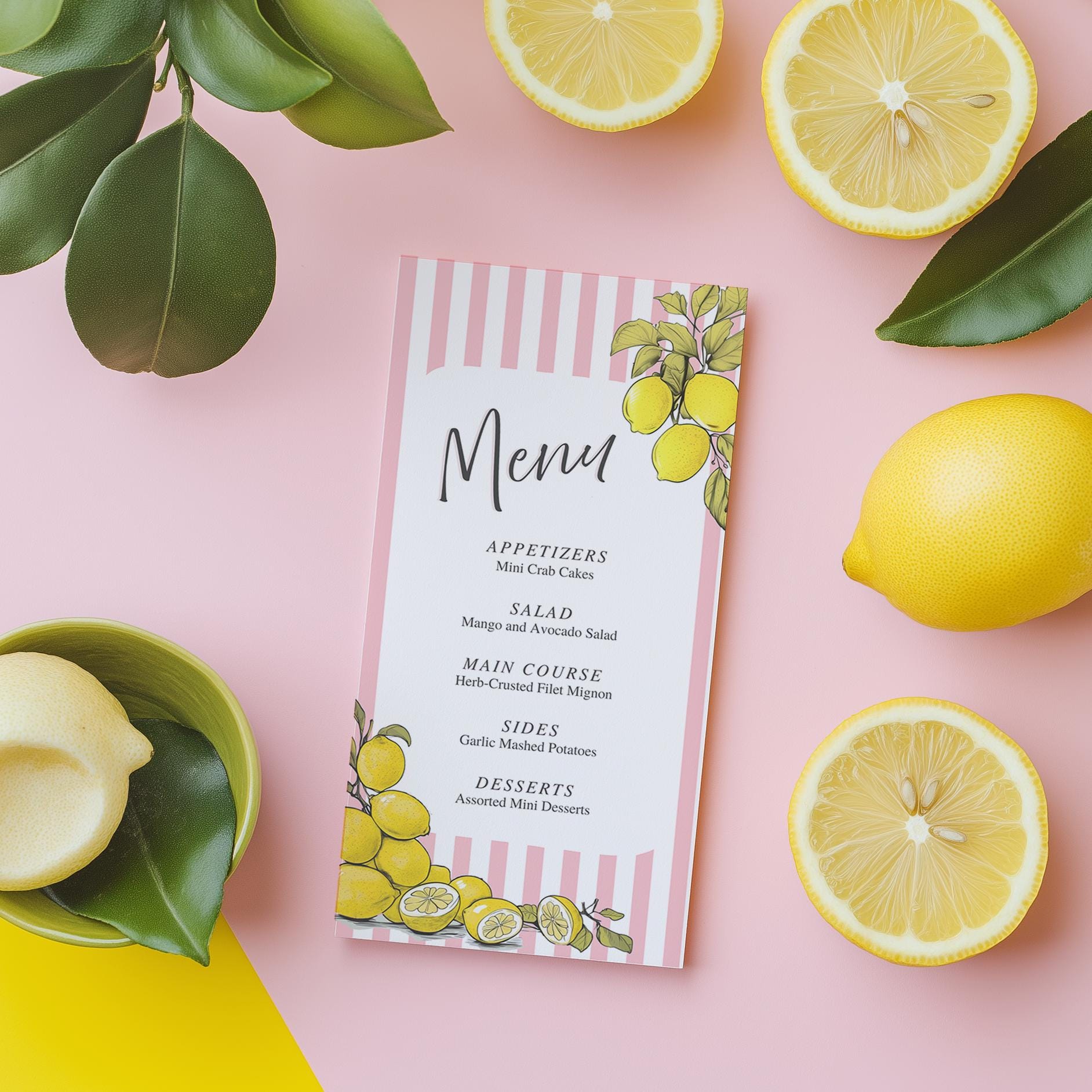 Italian Summer Wedding Menu Card Template, Citrus Lemon Birthday Brunch ...