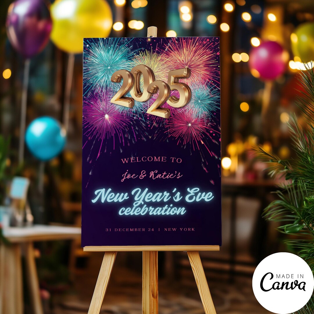 New Year's Eve Party Welcome Sign Template, Neon Fireworks Holiday ...