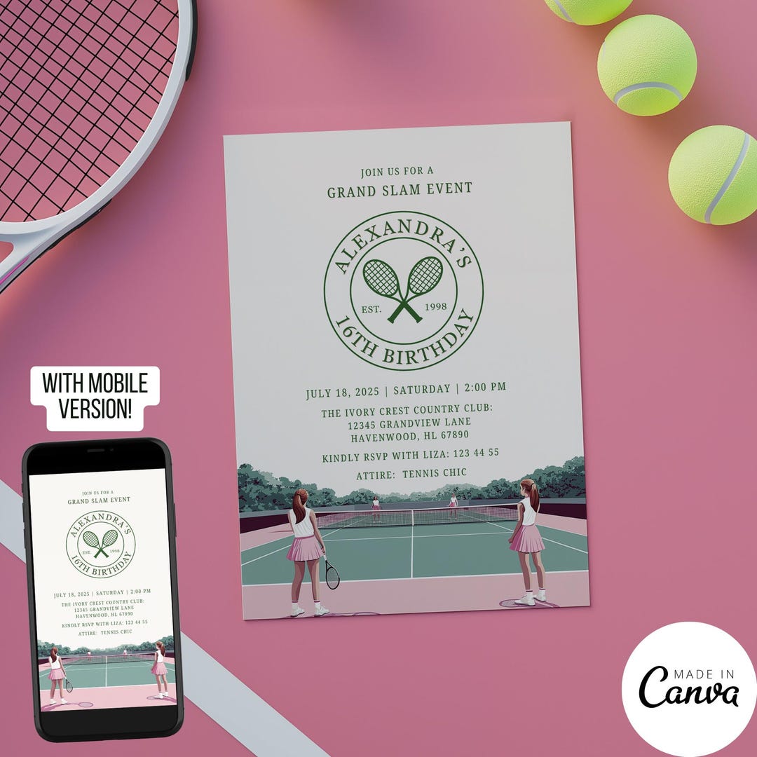 Tennis Themed Birthday Invitation Template, Hand Drawn Illustration ...