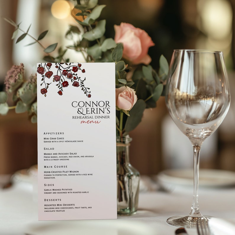 Rehearsal Dinner Menu Card Template, Romantic Pre Wedding Menu Letter ...