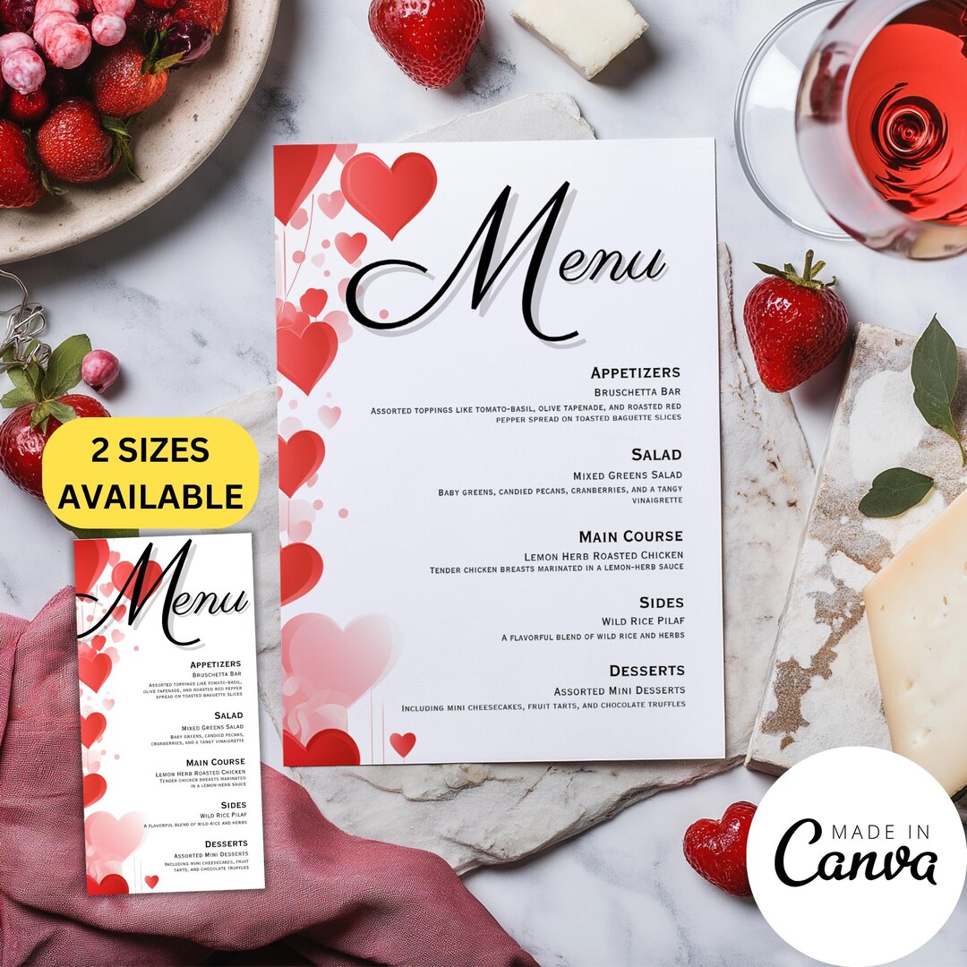 Valentine's Restaurant Menu Template, Wedding Menu Card, Galentine's ...