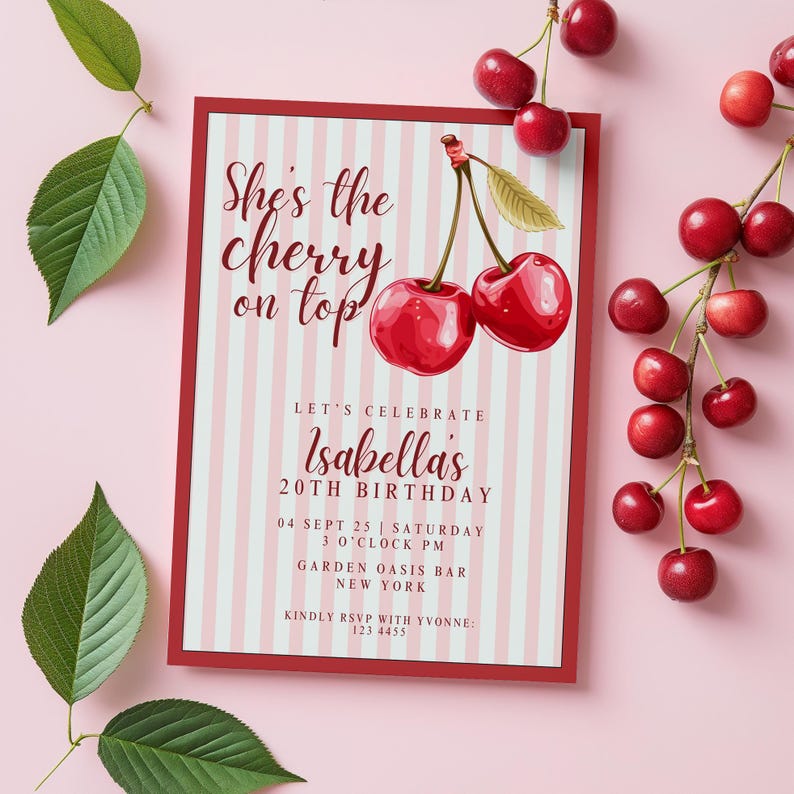 Cherry on Top Birthday Invitation Template, Coquette Brunch Invite ...