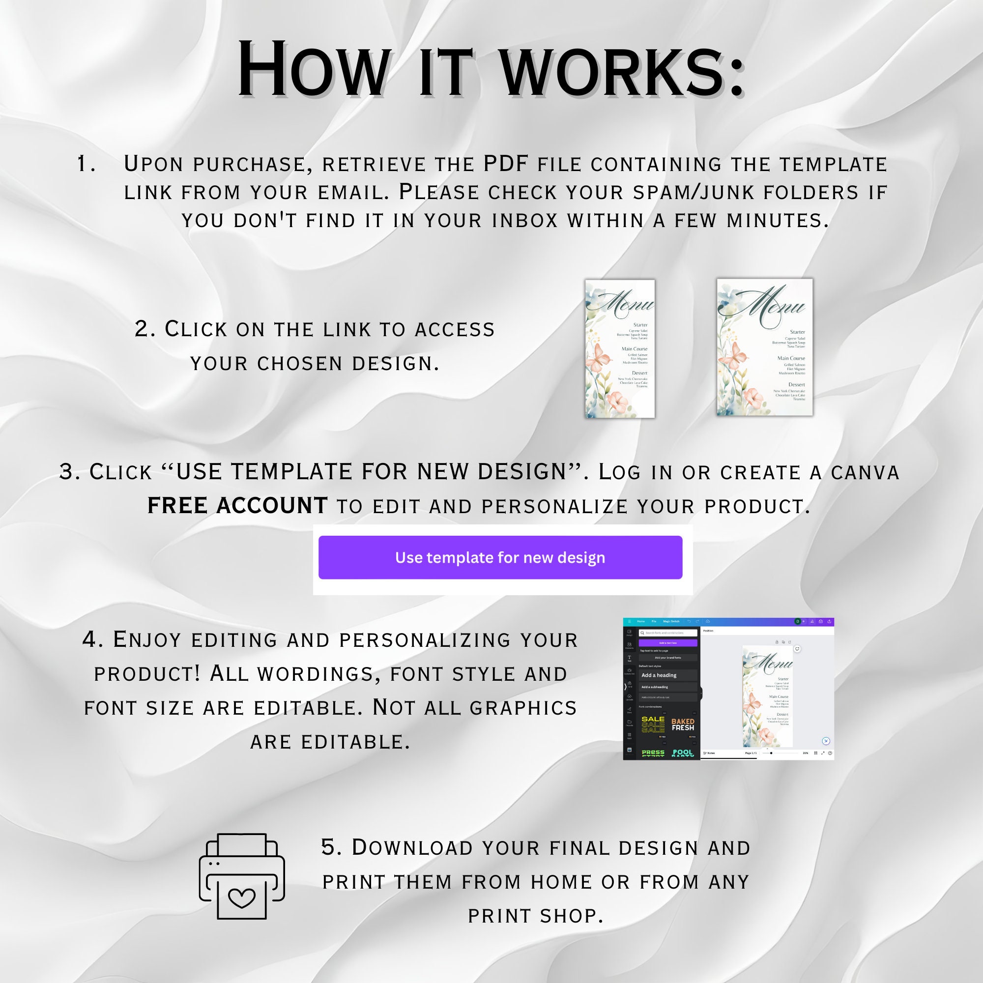 Butterfly Wedding Menu Card Template, EDITABLE Spring Floral Lunch Menu ...