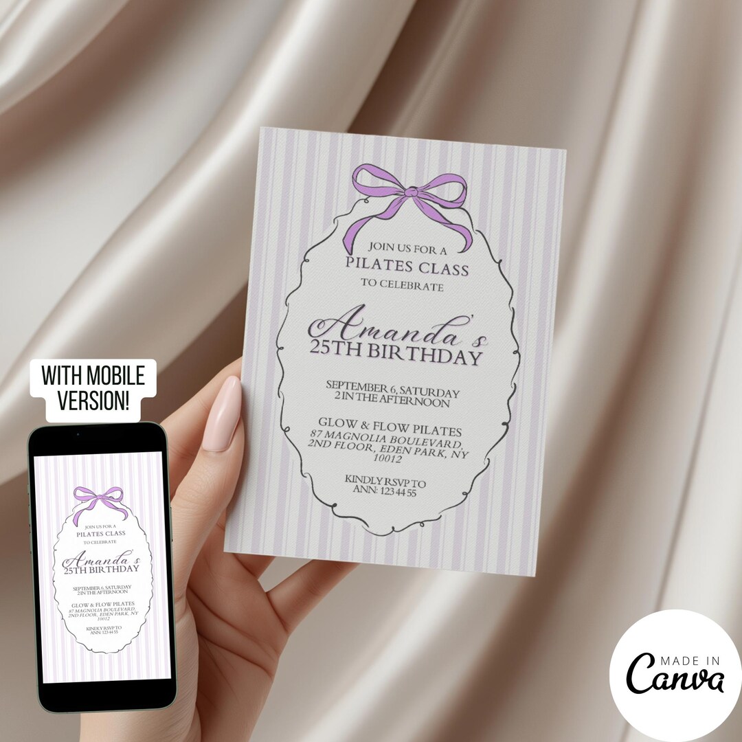Pilates Class Birthday Party Invitation Template, Ribbon Coquette ...