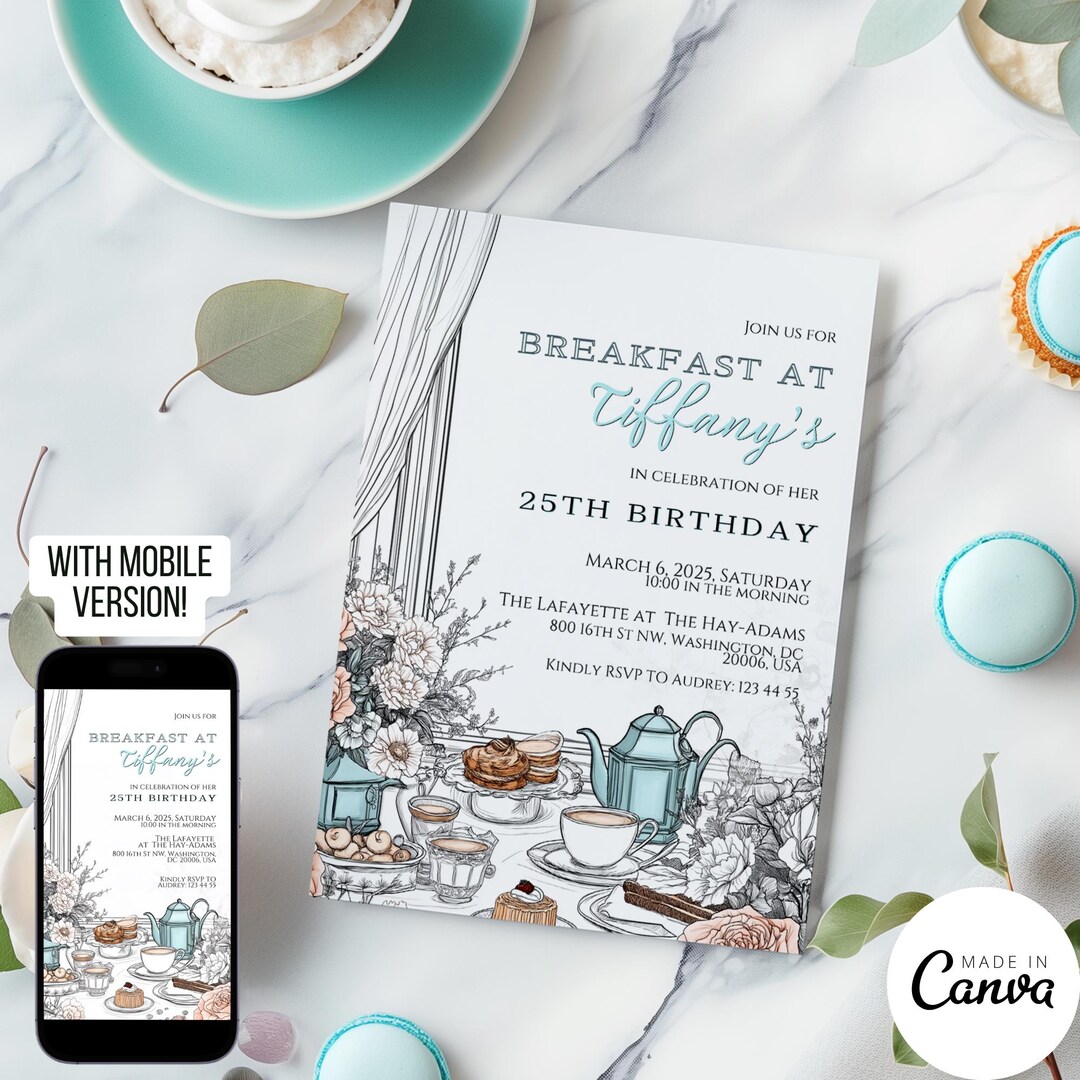 Breakfast Birthday Invitation Template, High Tea Brunch Invite for ...