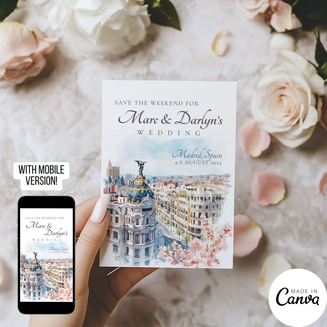 Madrid Postcard Save the Date Template, Spain Destination Wedding ...
