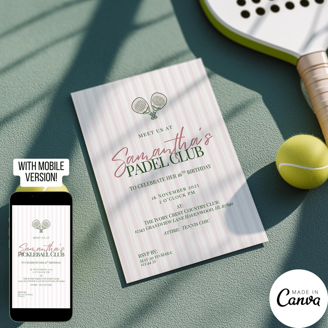 Padel Ball Themed Birthday Invitation Template, Hand Drawn Ladies Open ...