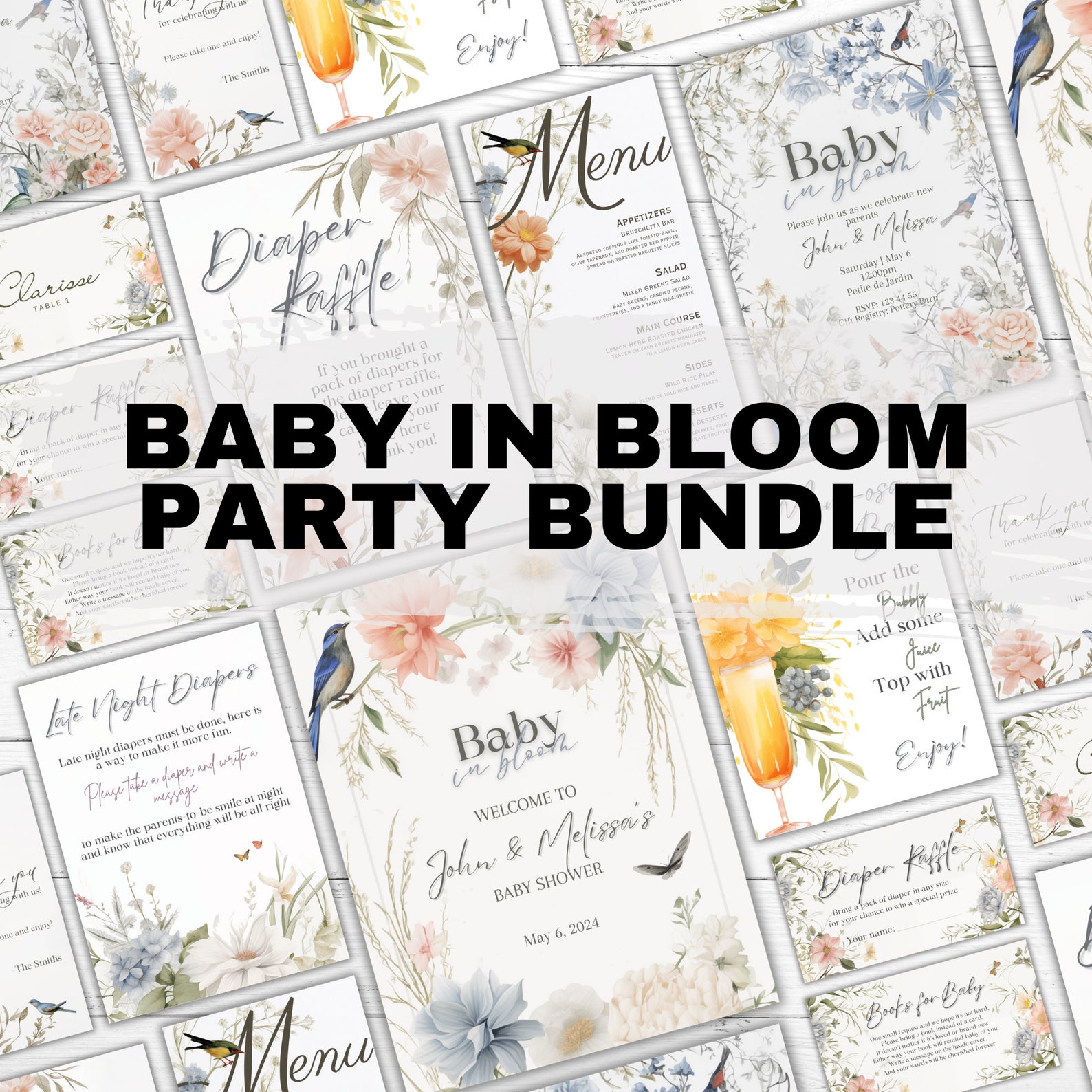 Baby in Bloom Party Template Bundle, Spring Invitation, Floran Menu ...