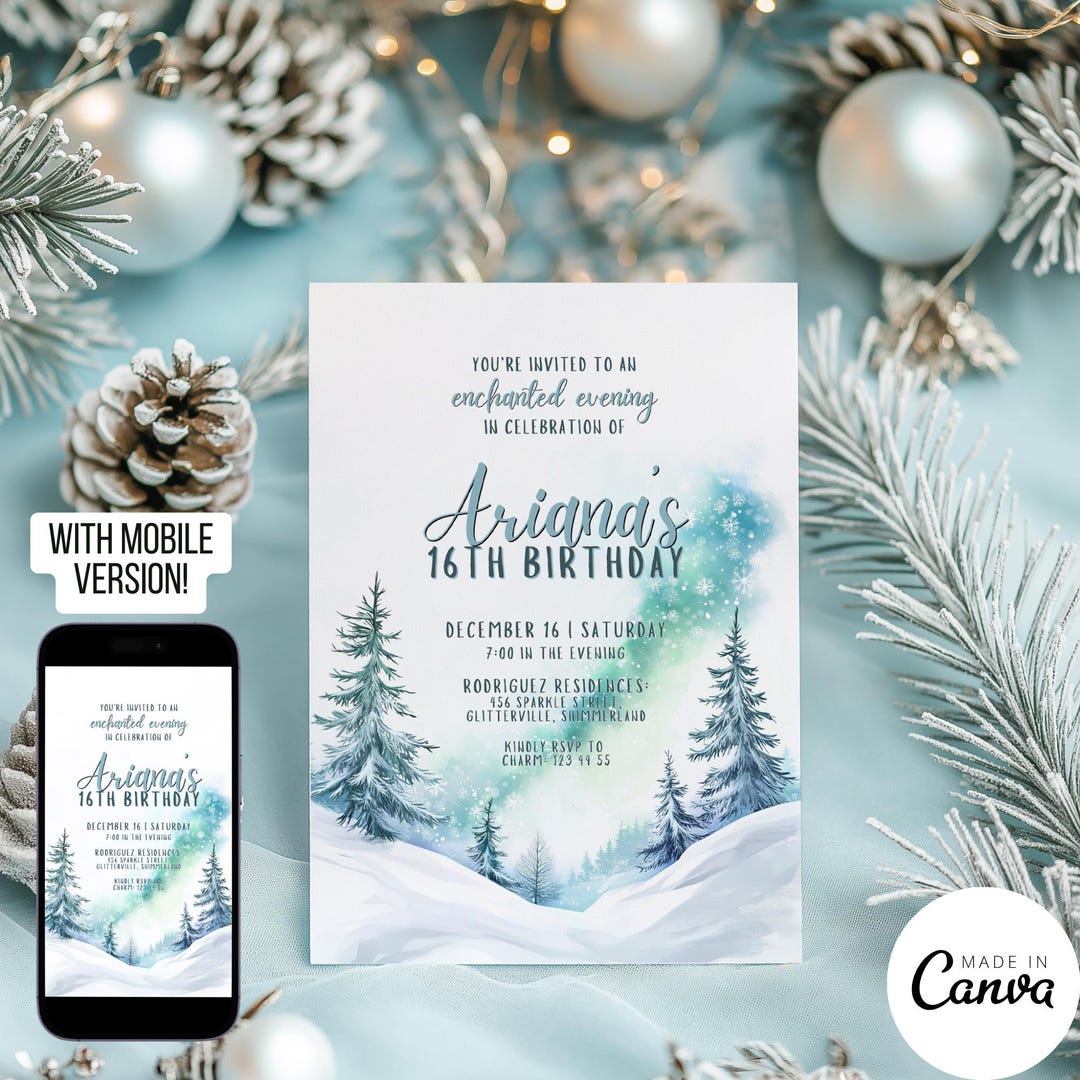 Northern Lights Birthday Invitation Template, Winter Wonderland Digital ...