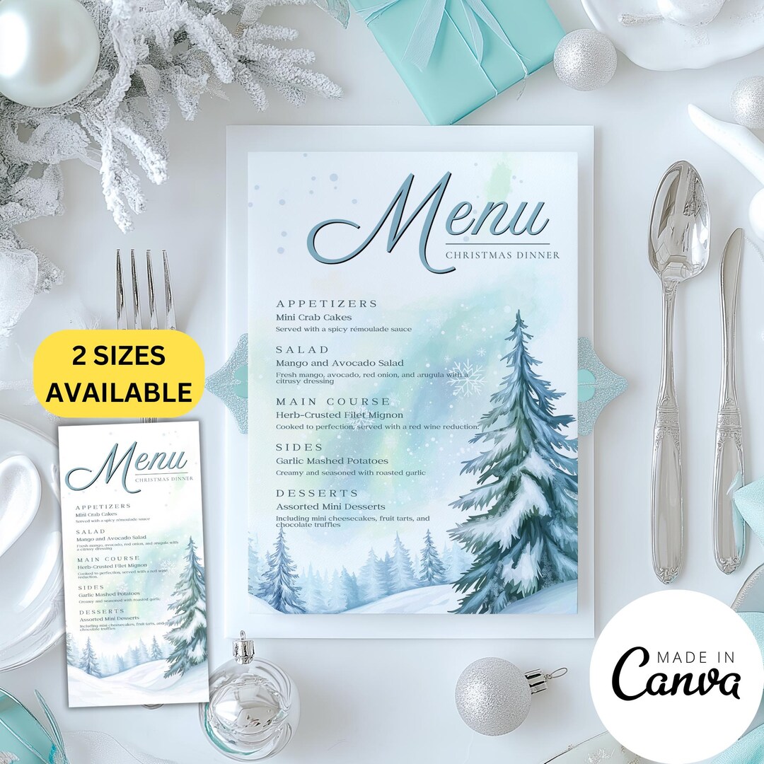 Northern Lights Christmas Menu Card Template, Holiday Wedding Menu ...
