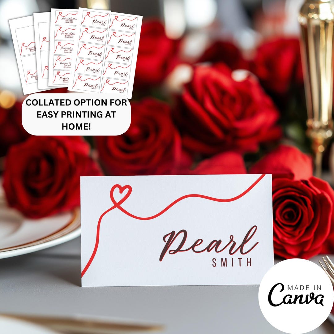 Valentine's Day Name Card Template, Hand Drawn Heart Place Setting ...